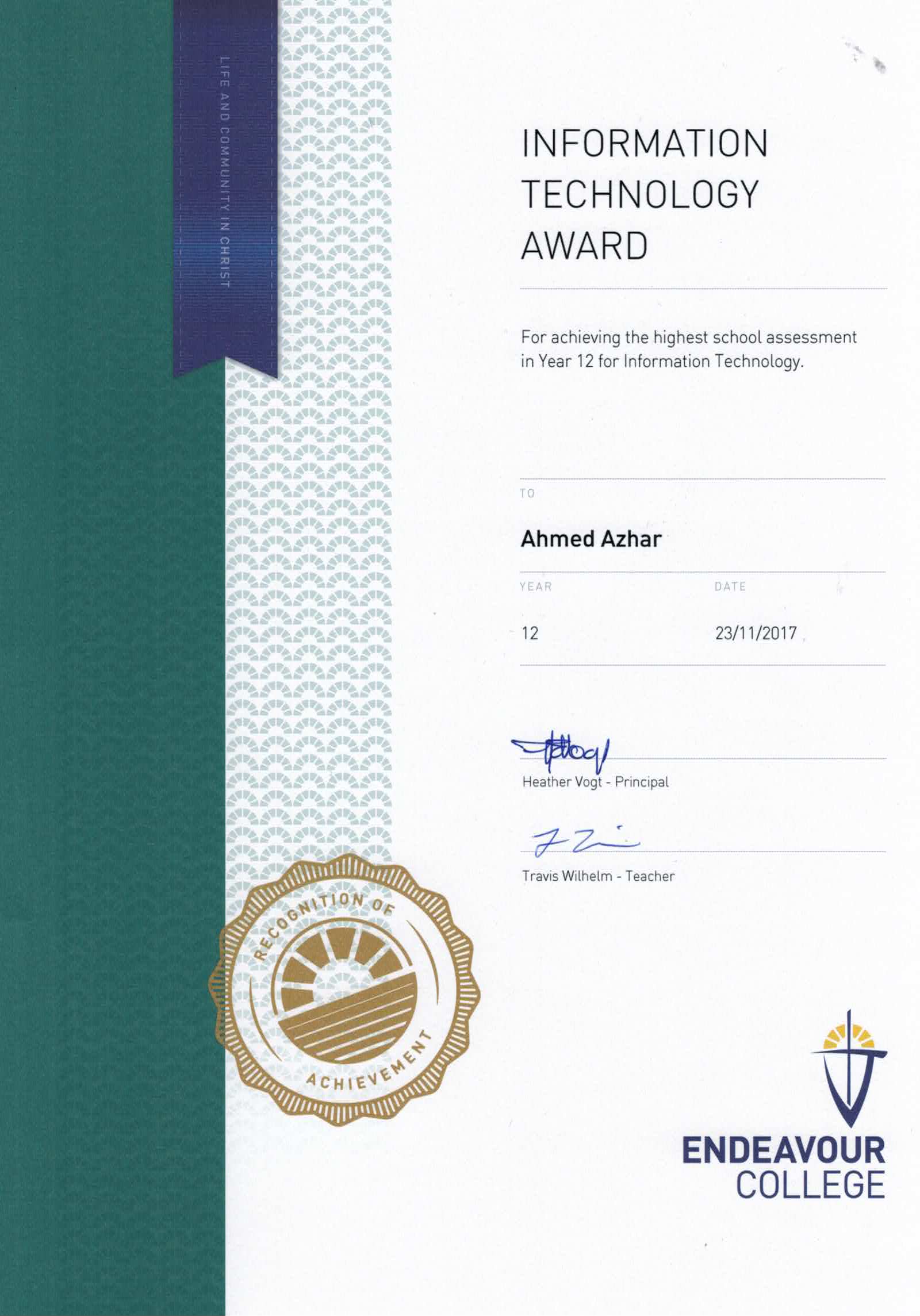 A certificate for achieving the highest grade in the Stage 2 ...