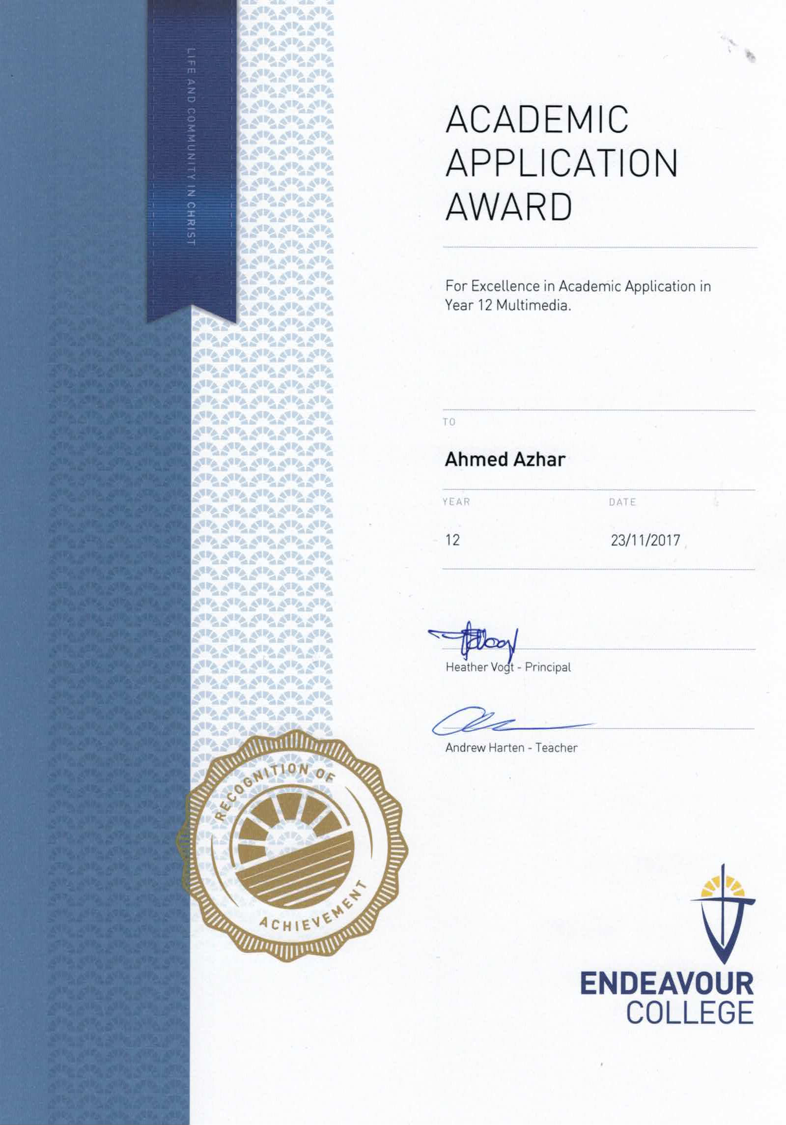 A certificate for academic excellence in the Stage 2 Multimedia Course ...